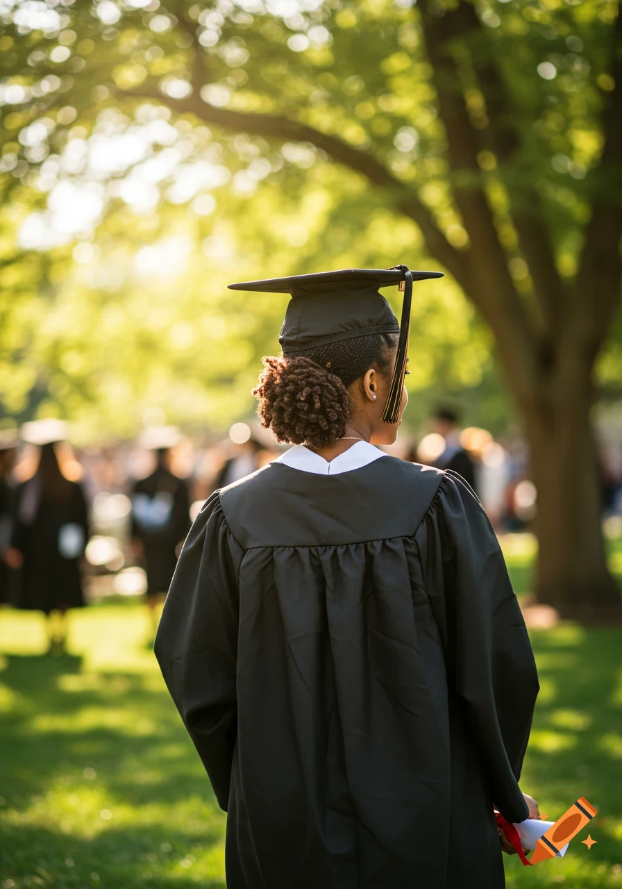 A person in a black graduation cap and gown stands with their back to ...