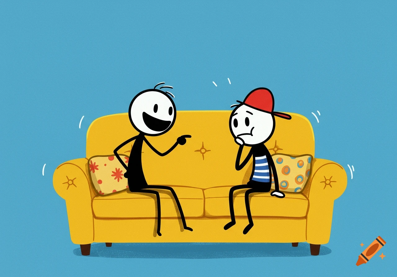 Two stick figures sitting on a yellow sofa and talking, cartoon ...