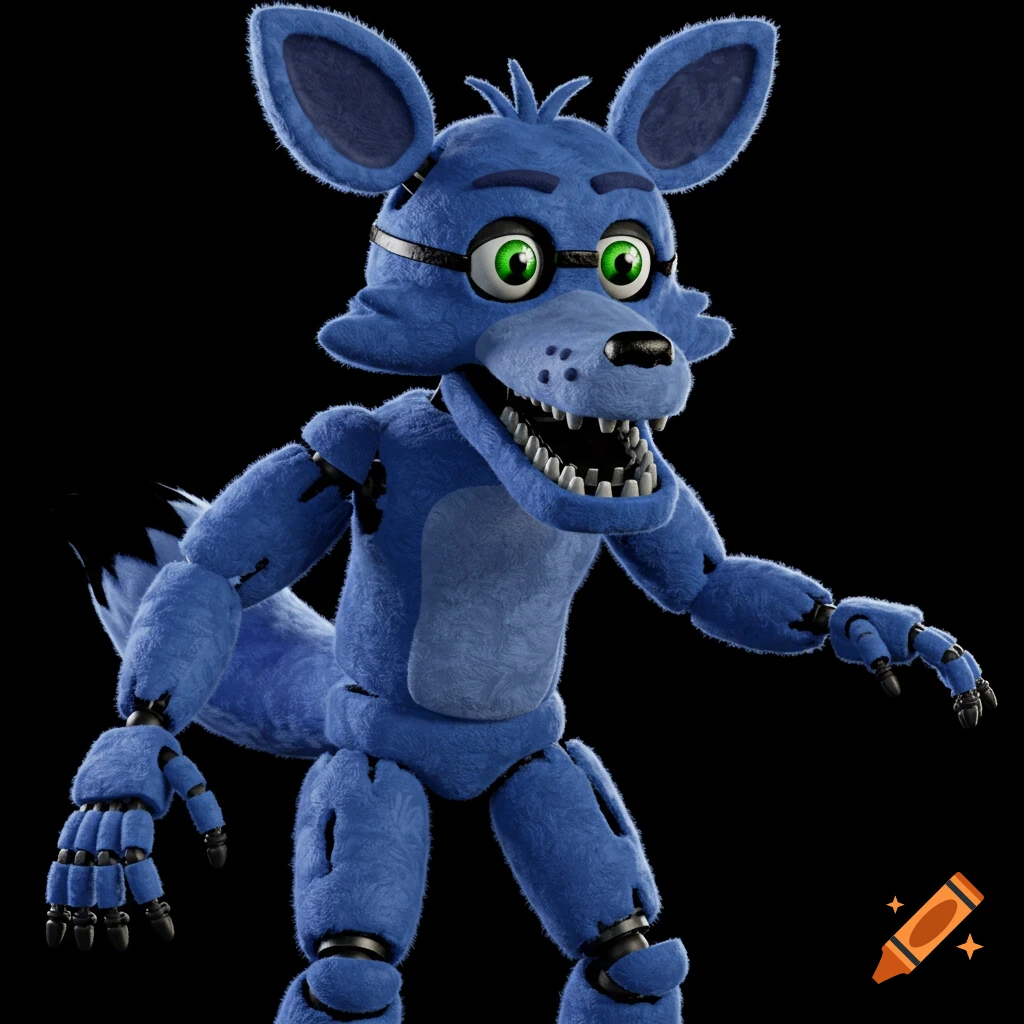 Blue animatronic fox with green eyes and sharp teeth against a black ...