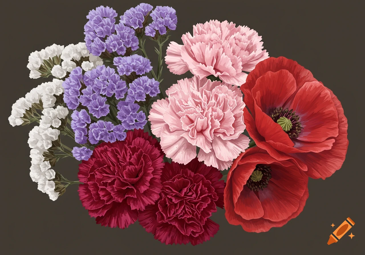 A bouquet of red poppies, pink carnations, white and purple statice ...