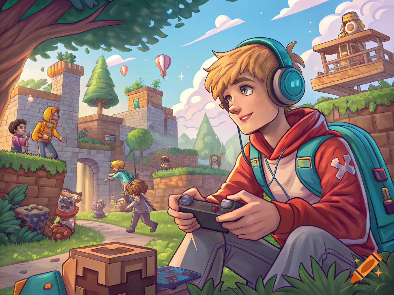 Illustration of a boy playing a video game in a Minecraft-inspired ...