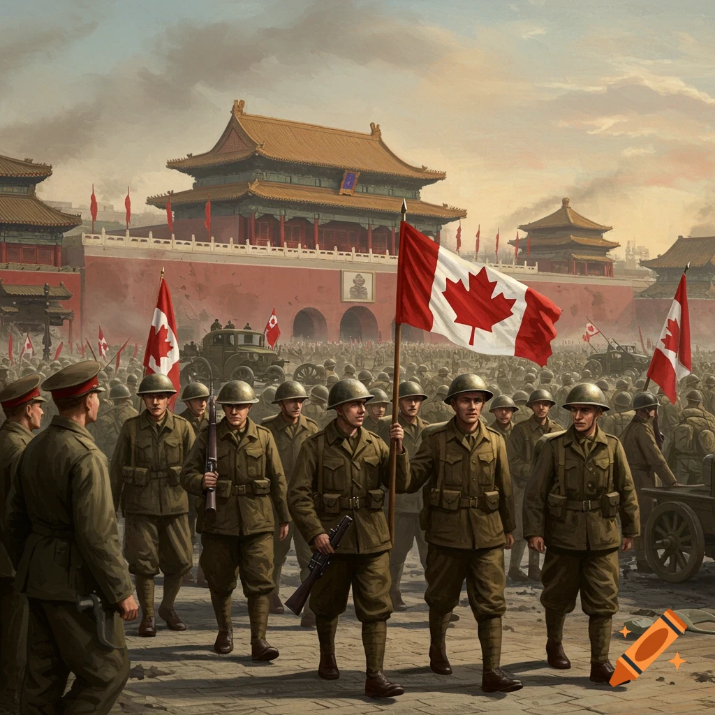 Canadian soldiers march with flags in front of a large building. on Craiyon