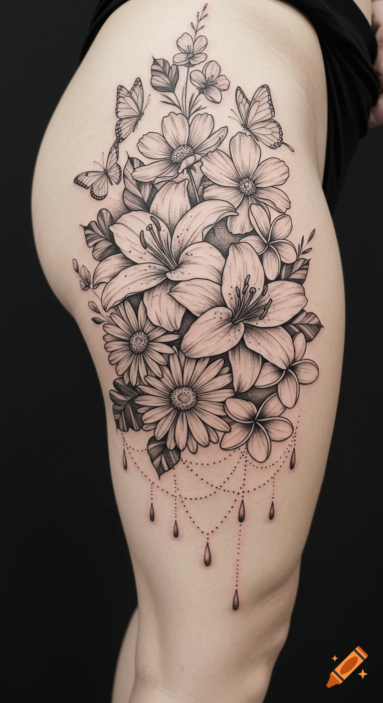 Black and grey tattoo design of flowers, butterflies, and dangling ...