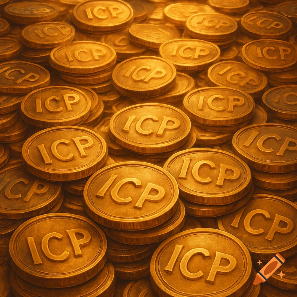 Piles of golden coins stamped with 'ICP' on Craiyon