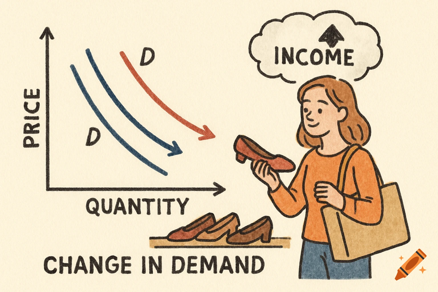 Illustration of an economics graph showing a shift in demand with a ...
