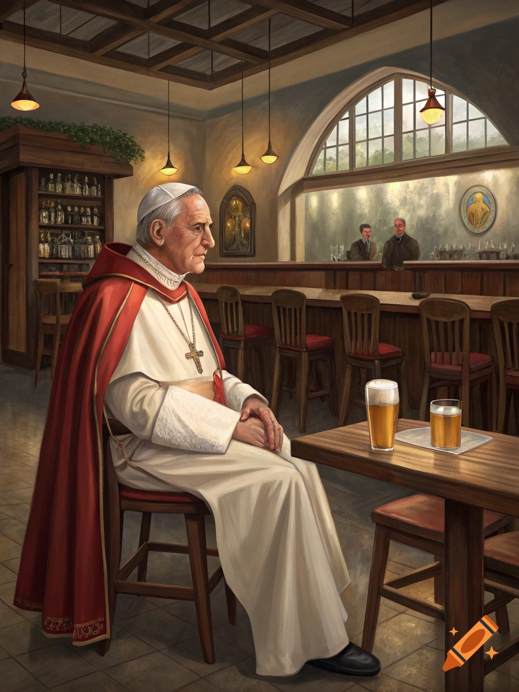 Painting of a figure resembling the Pope sitting at a table with two ...