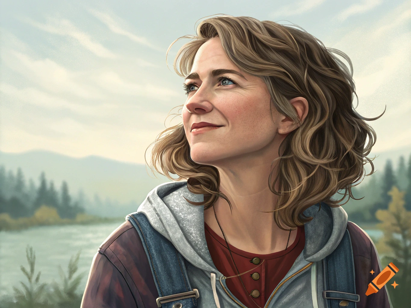 A portrait of a woman looking upwards in an outdoor setting. on Craiyon