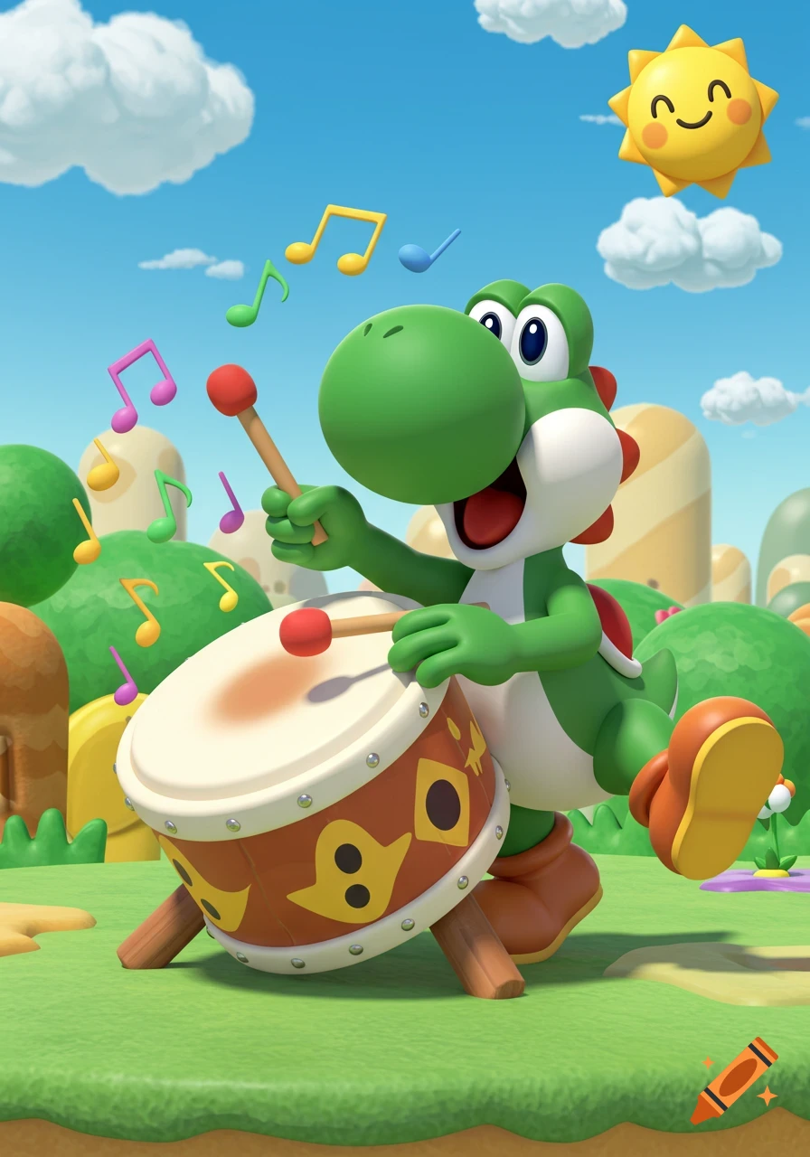 Yoshi playing a drum with musical notes floating around him in a ...