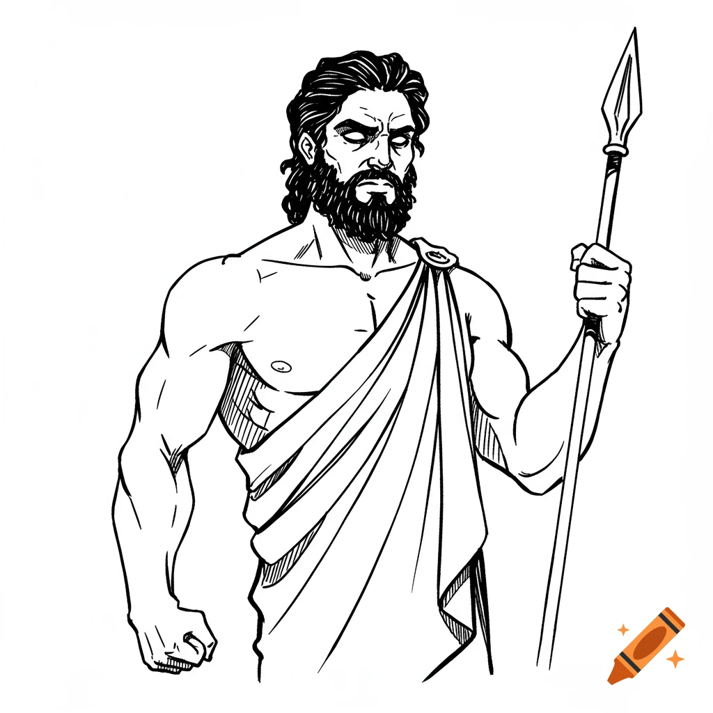 Simple pen drawing of the Greek god Ares holding a spear on Craiyon