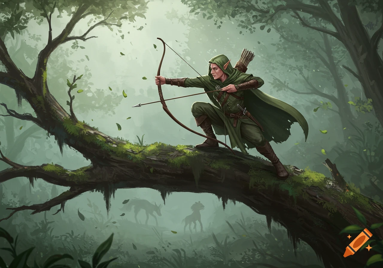 An elf archer crouches on a mossy tree branch in a misty forest, aiming ...