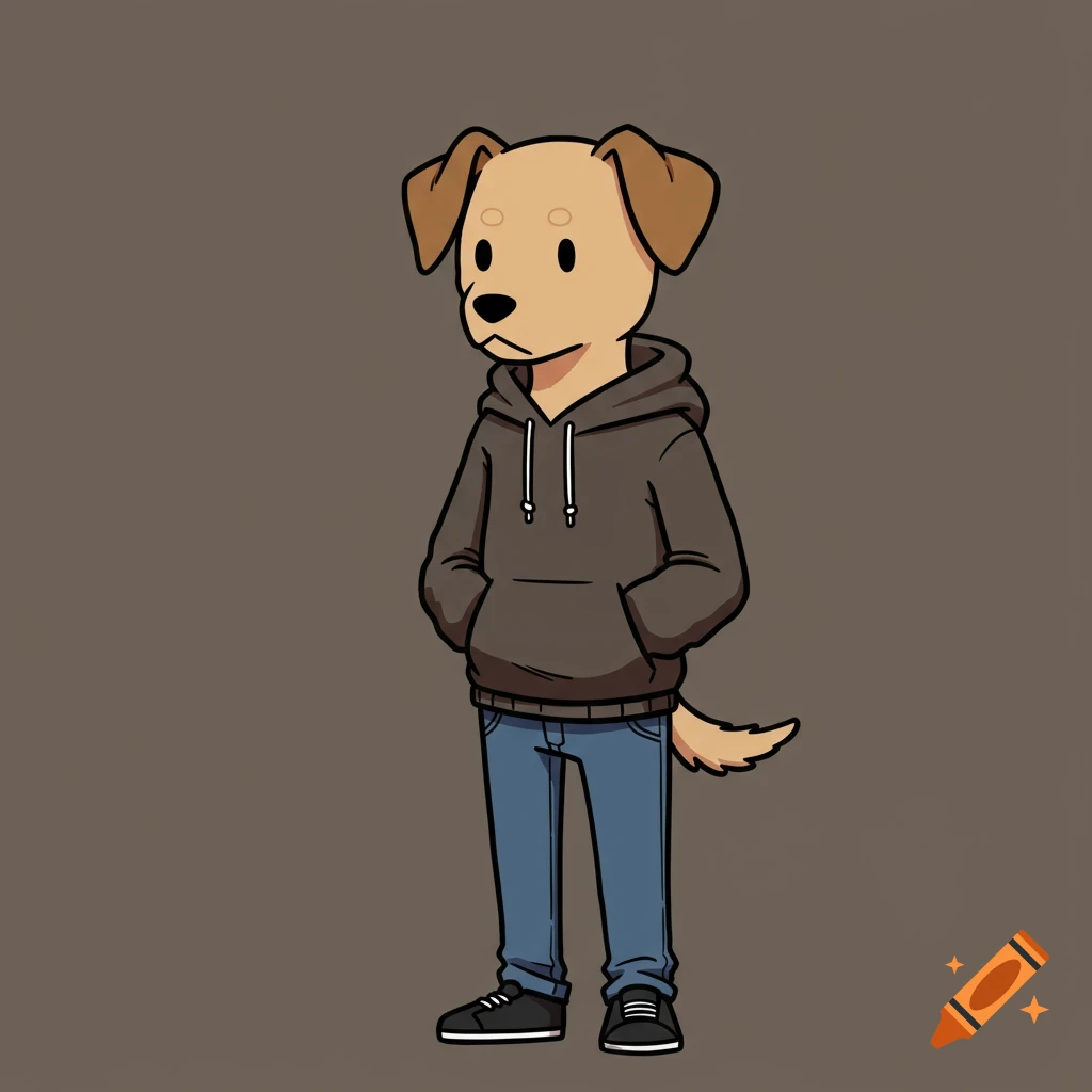 Simple cartoon drawing of an anthropomorphic dog wearing a brown hoodie ...