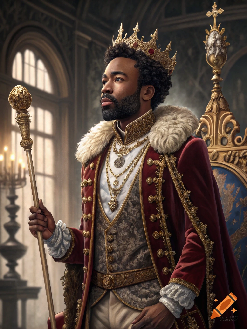 Portrait of a man resembling Donald Glover as a Tudor king holding a ...