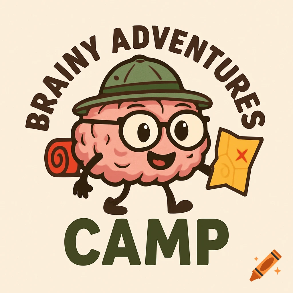 Cartoony logo of a walking brain character with a hat, holding a map ...