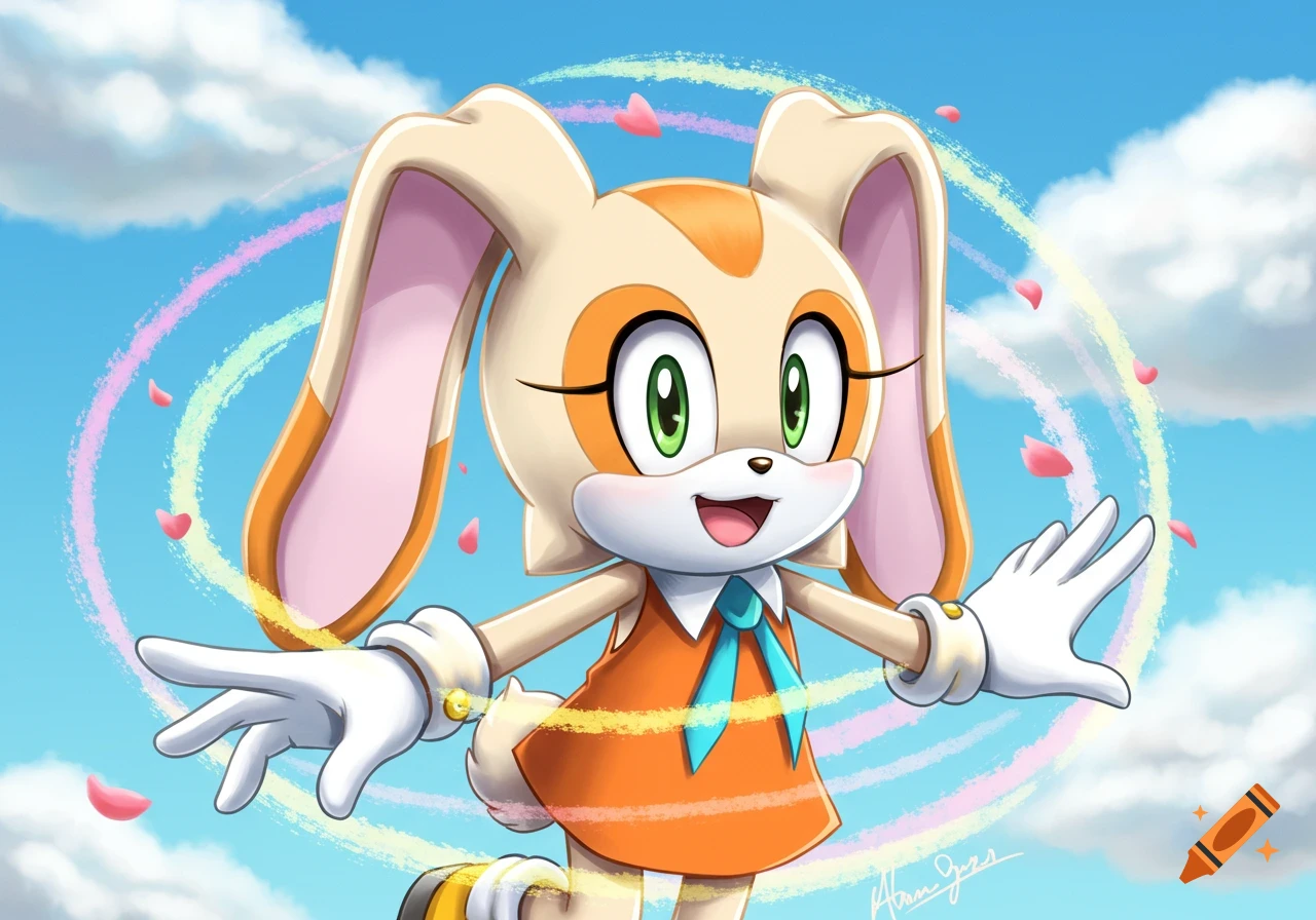 Cream the Rabbit flies in a cloudy sky with colorful streaks and petals ...