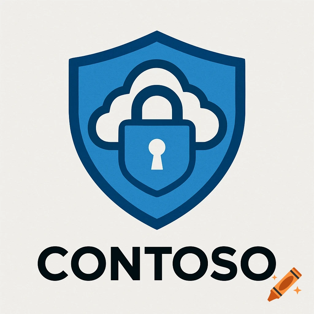 A logo featuring a blue shield with a cloud and a padlock inside, above the text CONTOSO. on Craiyon