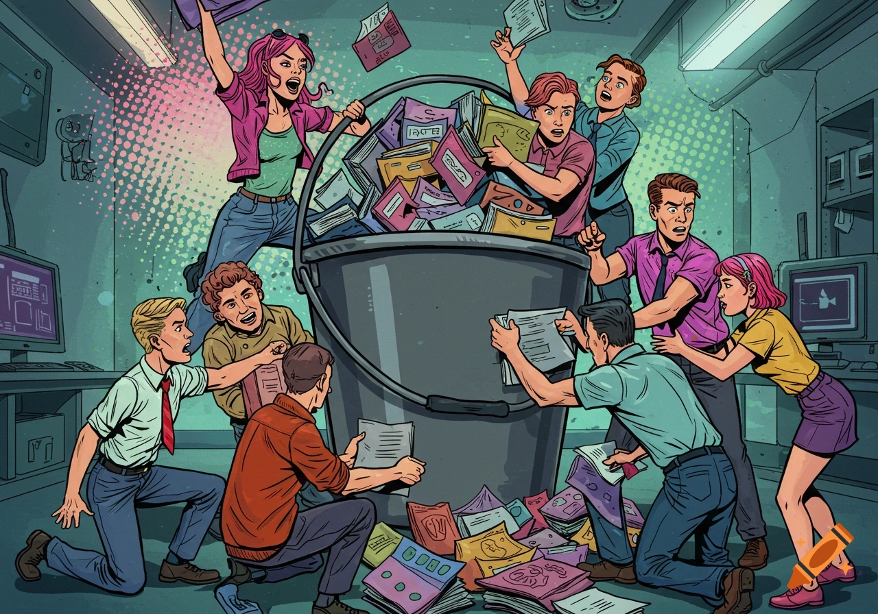 Comic style image of people sorting papers and books, struggling to ...
