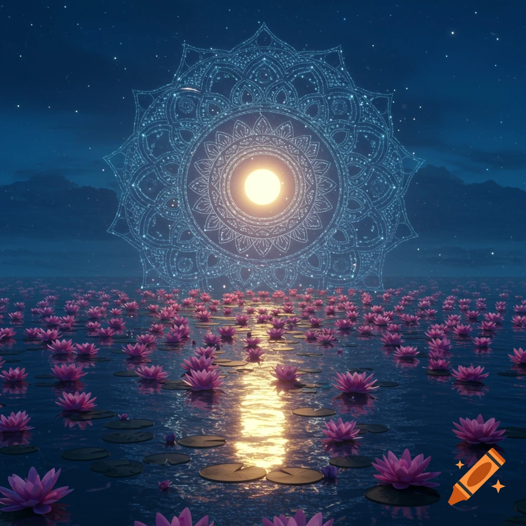 Glowing mandala over a lake with pink lotus flowers under a starry ...