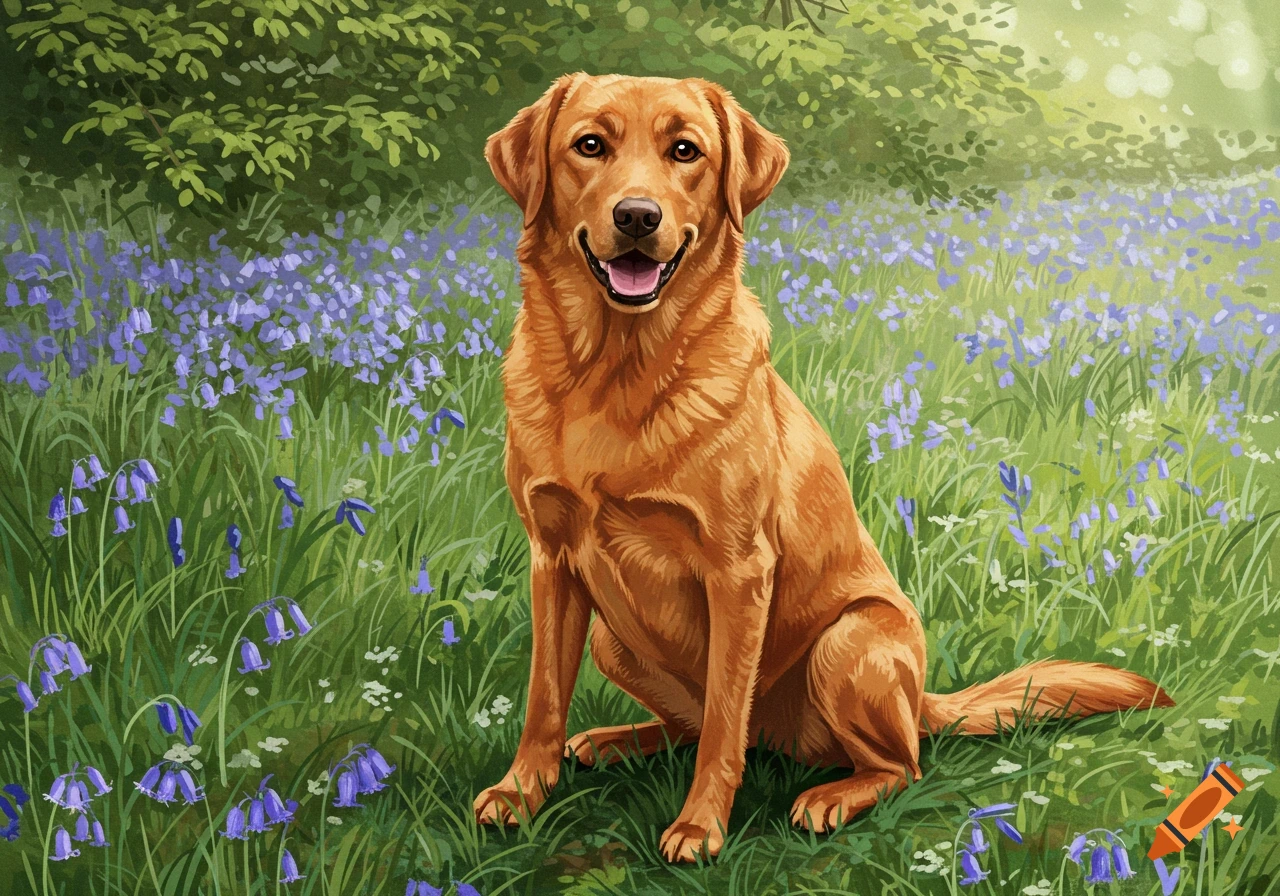 A golden Labrador sits in a field of bluebells in a painterly style. on Craiyon