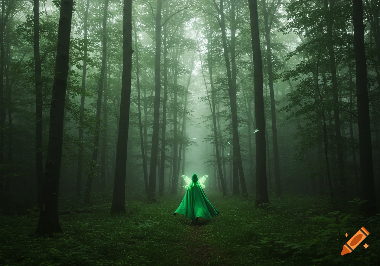 A figure with glowing wings and a green cloak walks through a foggy forest path. on Craiyon