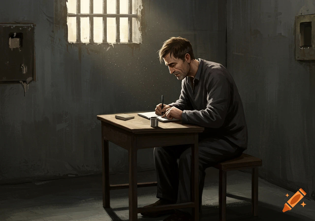 Illustration of a man writing in a notebook at a desk in a prison cell ...