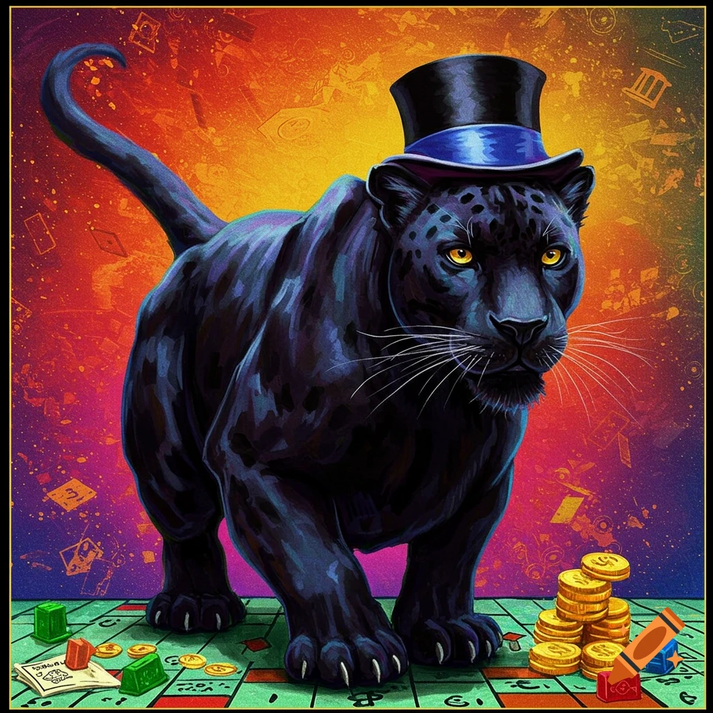 A black panther wearing a top hat stands on a colorful board game with ...