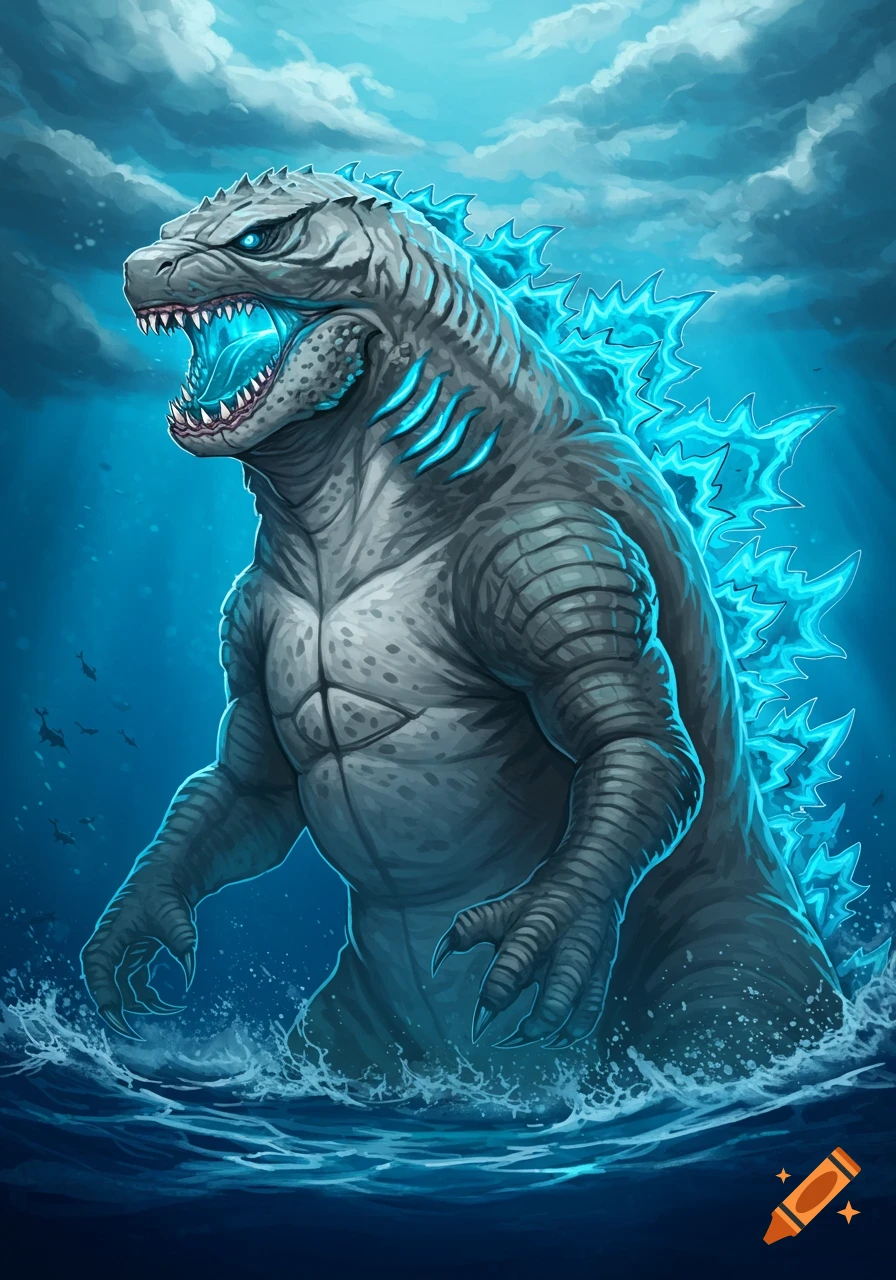 Illustrated monster like Godzilla emerging from the ocean under a ...