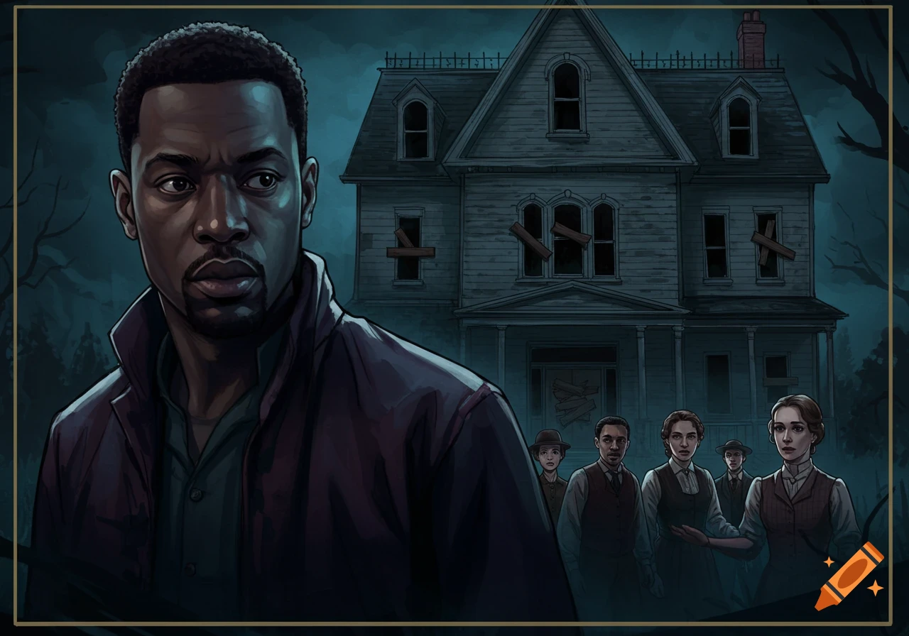 Illustration of a man in front of a haunted house with other people. on ...