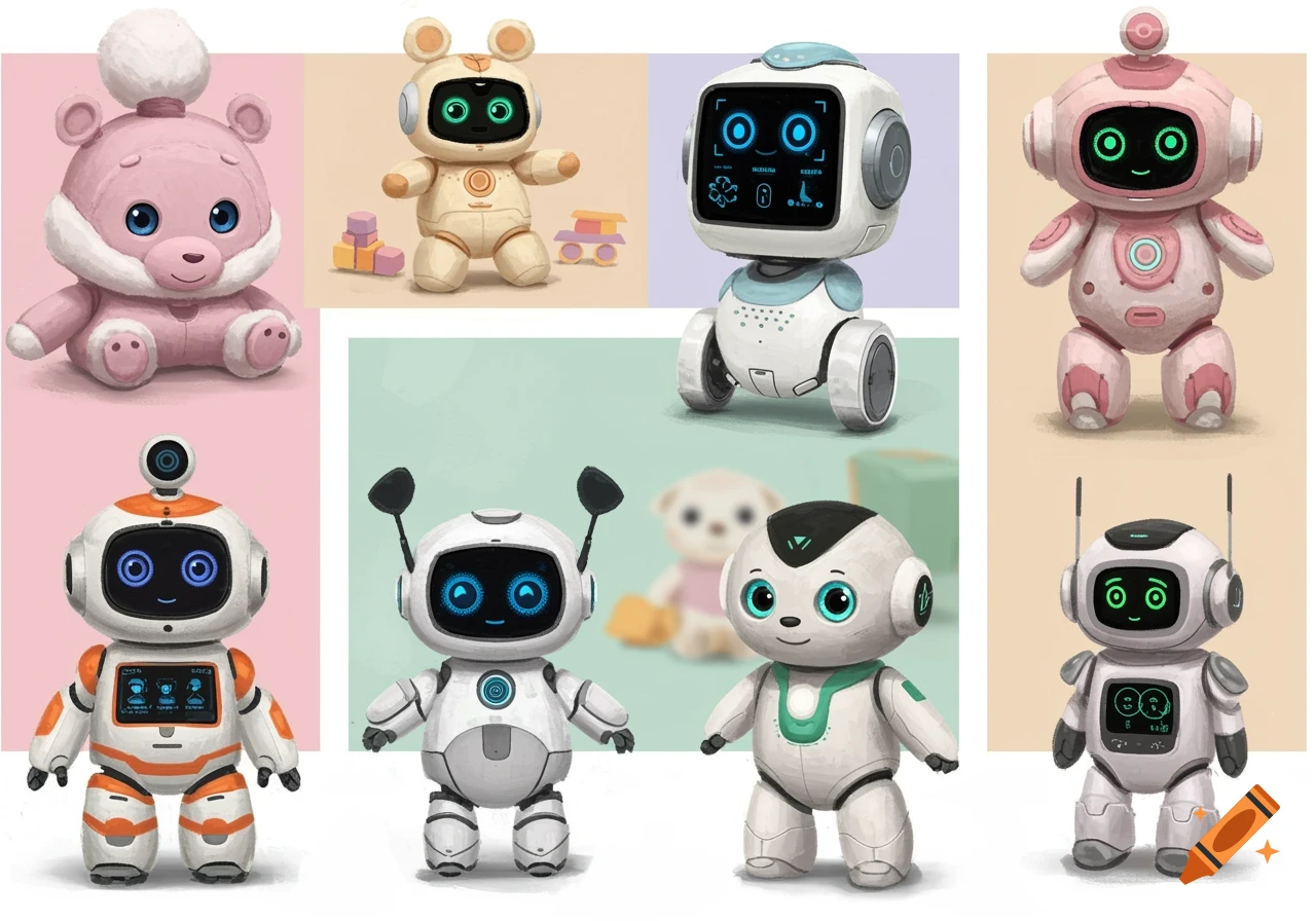 A collage of different cute AI baby sitter robot designs in a digital ...