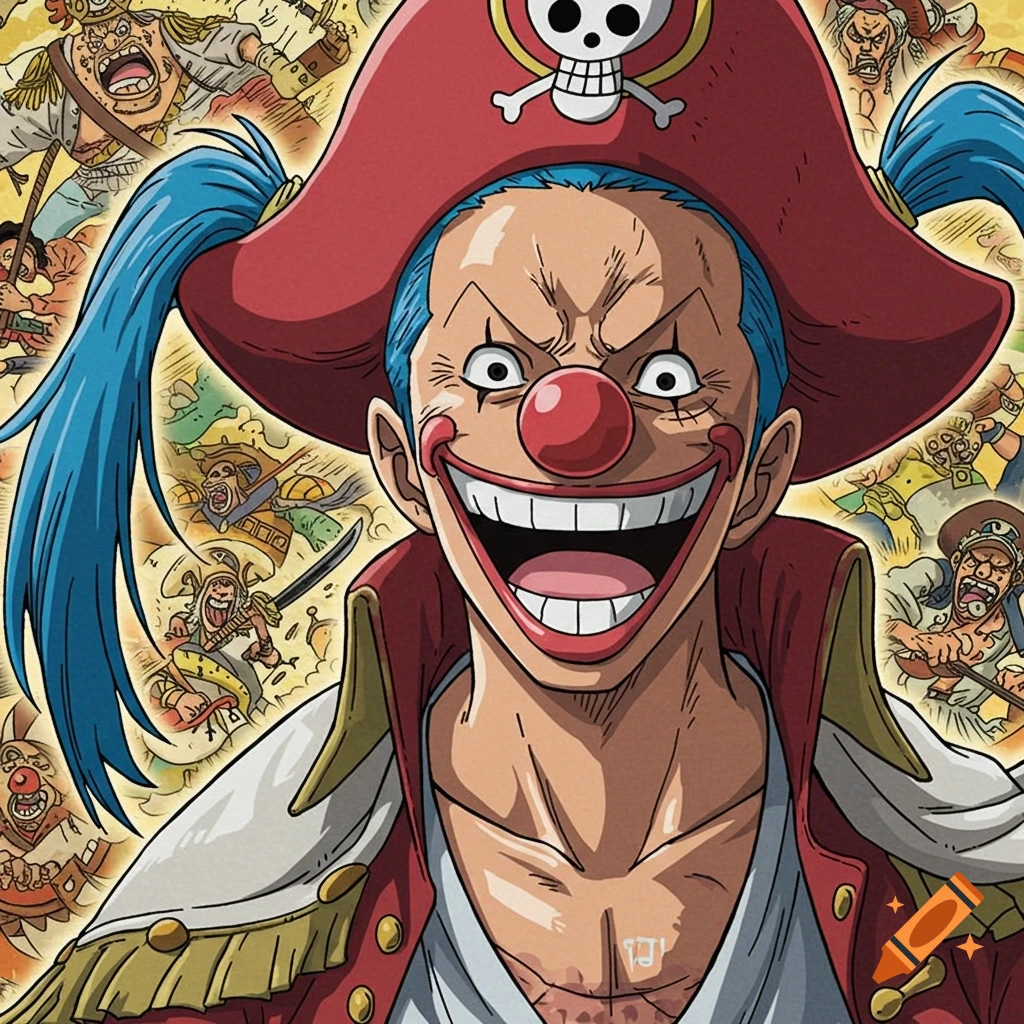 Anime illustration of One Piece character Buggy the Clown, grinning in ...