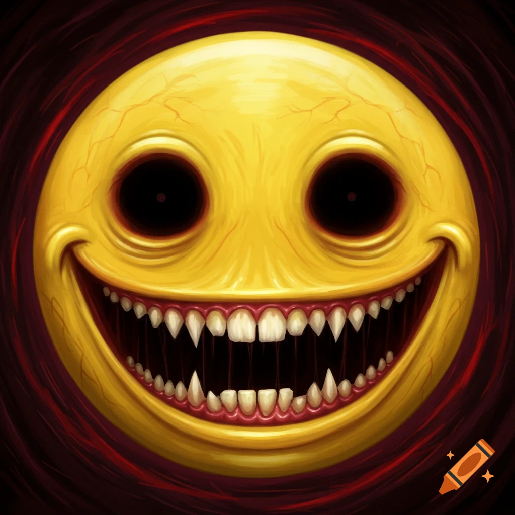 Horror illustration of a monstrous smiley face with sharp teeth and ...