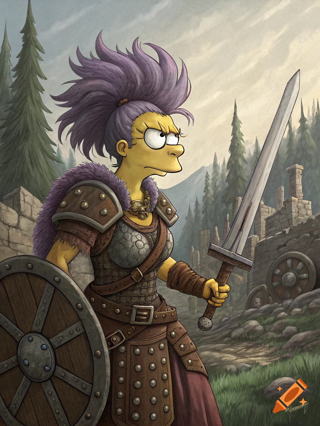 Marge Simpson as a barbarian with purple hair, holding a sword and ...