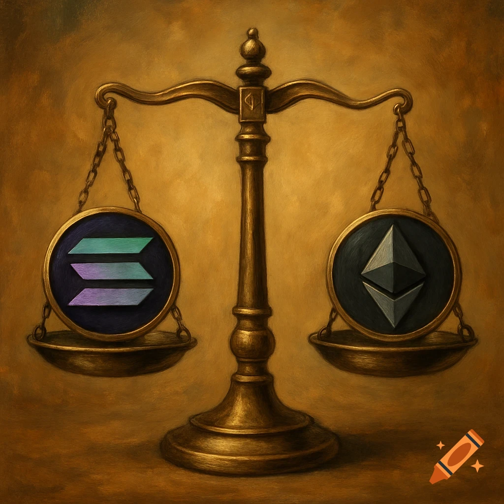 Painting of a balance scale with Solana and Ethereum logos on Craiyon