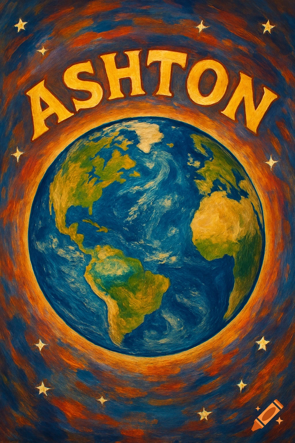 Painting of Earth in space with the name Ashton above it, surrounded by ...