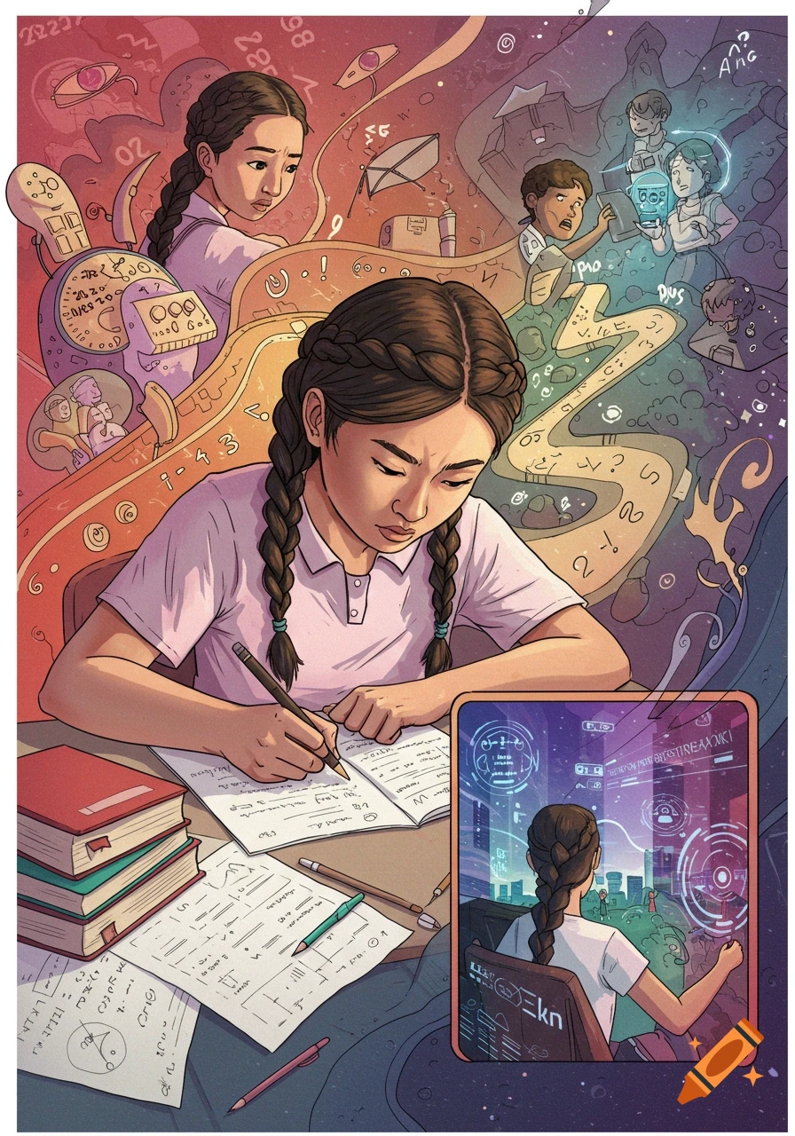 Illustration of a student studying at a desk, surrounded by abstract ...