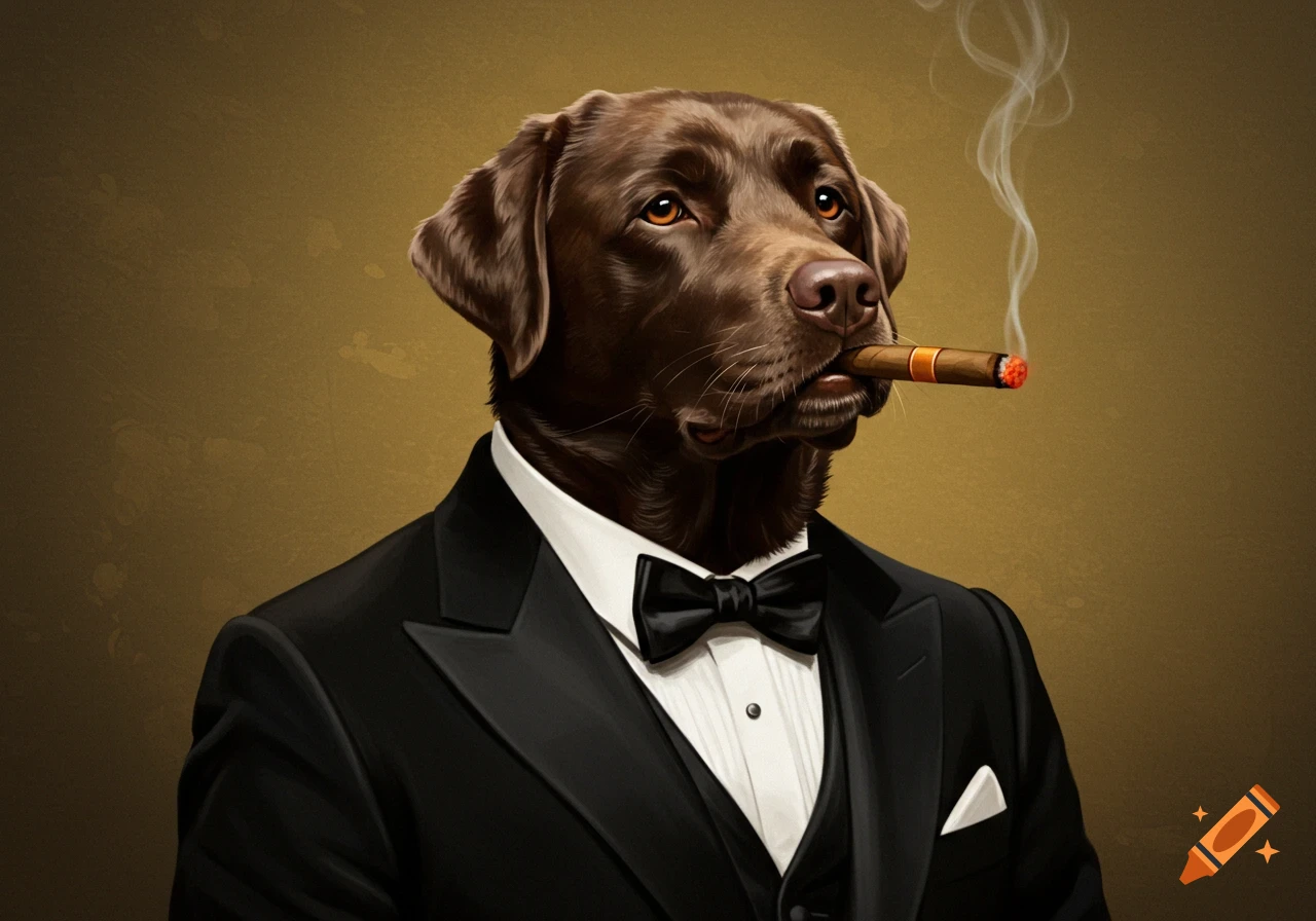 A brown Labrador dog wearing a tuxedo and smoking a cigar, illustration ...
