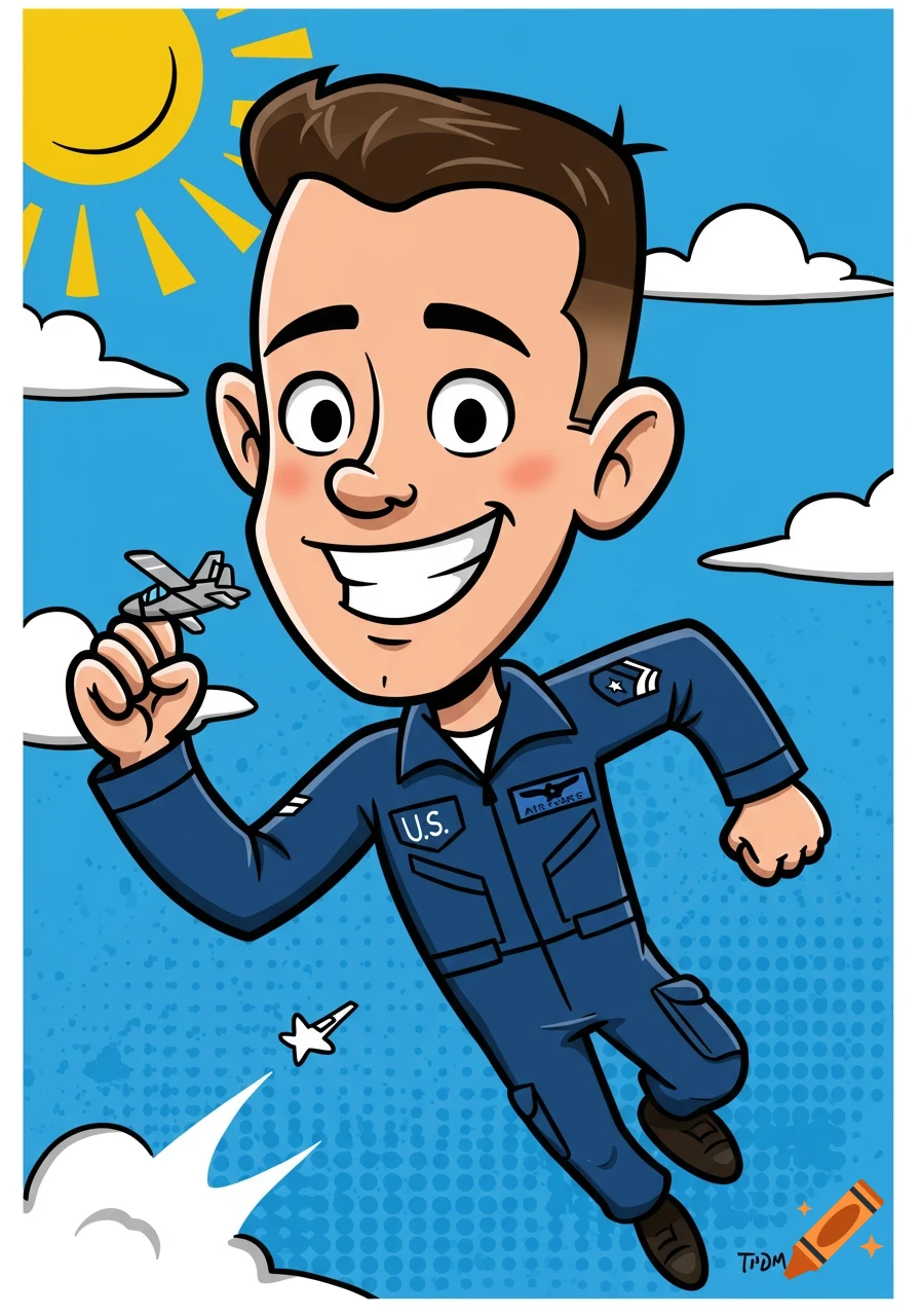Cartoon drawing of a smiling US airman holding a small toy airplane ...