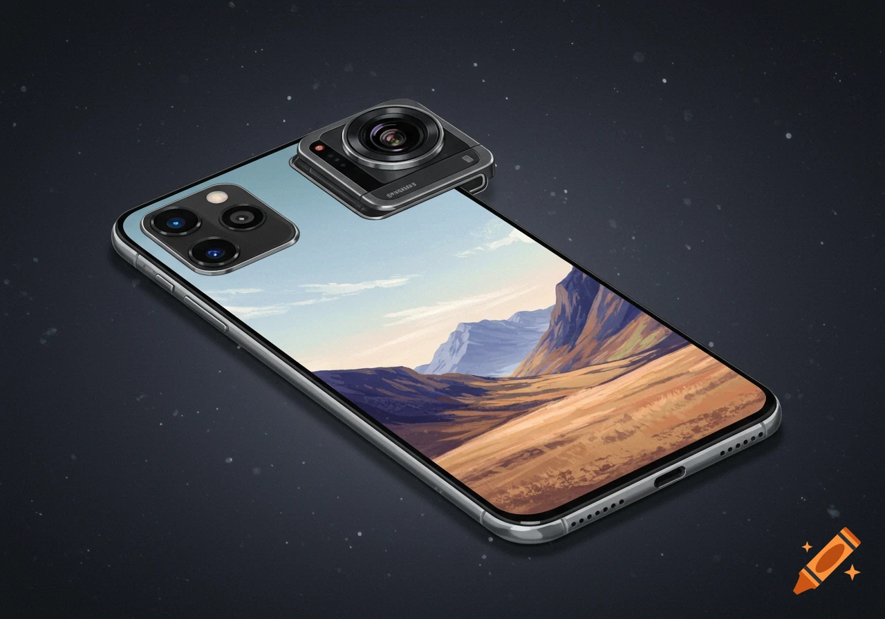 A futuristic smartphone with a large camera module displaying a ...