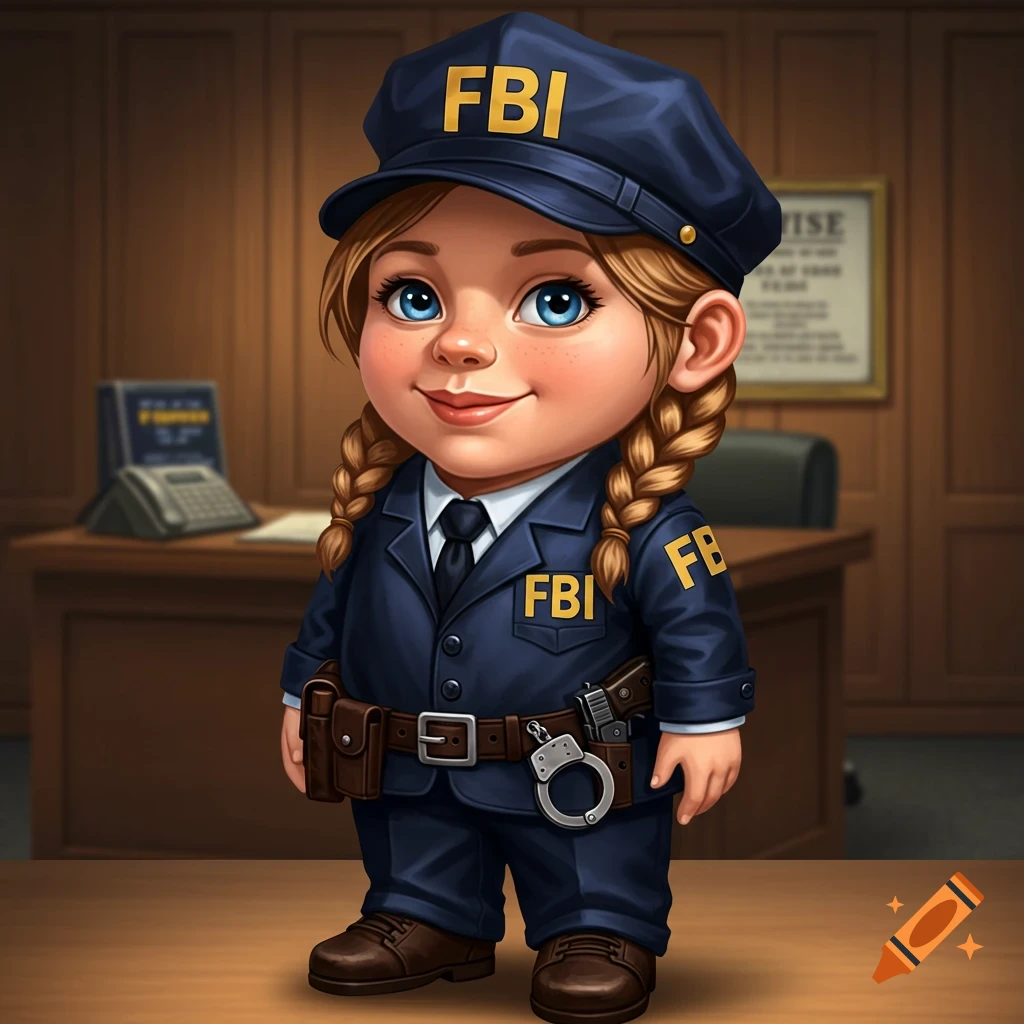 Cartoon illustration of a gnome girl in an FBI uniform. on Craiyon