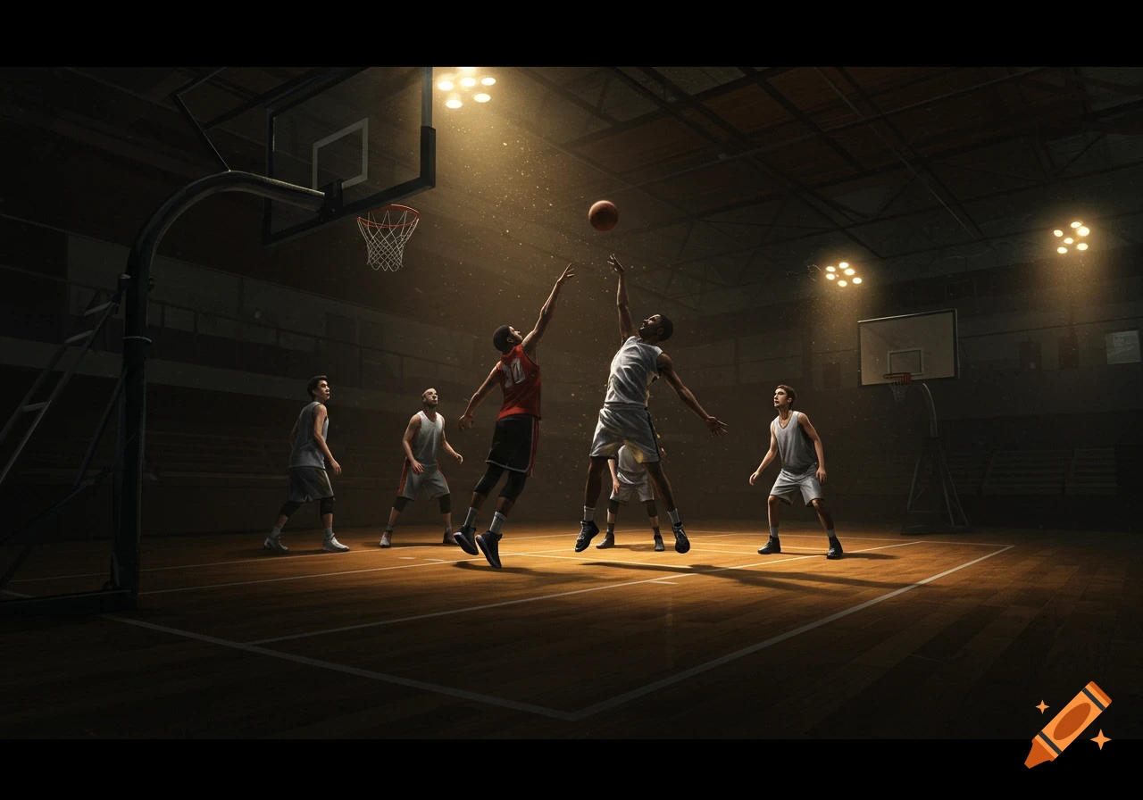 Basketball players during a game on a dimly lit court. on Craiyon