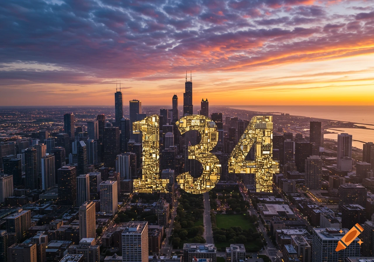 Chicago skyline at sunset with giant glowing numbers 134 superimposed on Craiyon