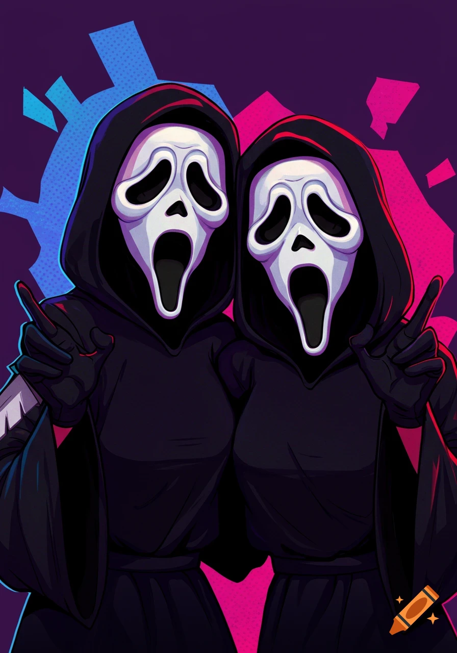Two figures in Ghostface costumes pose against a stylized background in ...