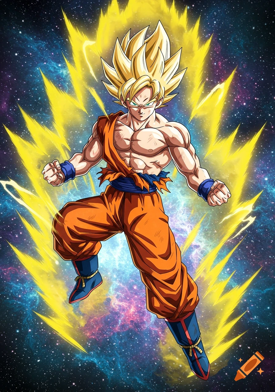 Goku in Super Saiyan form floats in space with a yellow aura. on Craiyon
