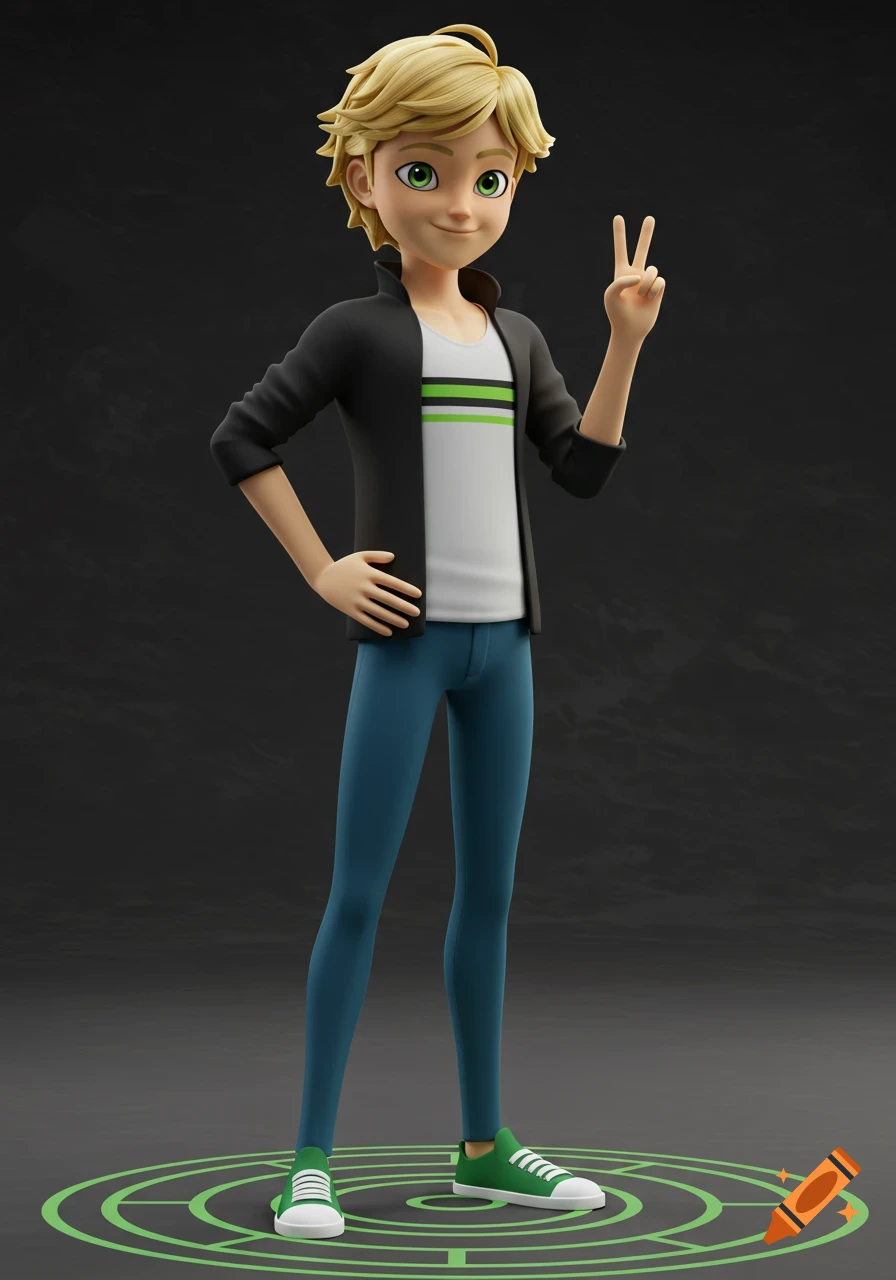 3D render of Adrien Agreste in jacket and striped shirt, standing with a peace sign. on Craiyon