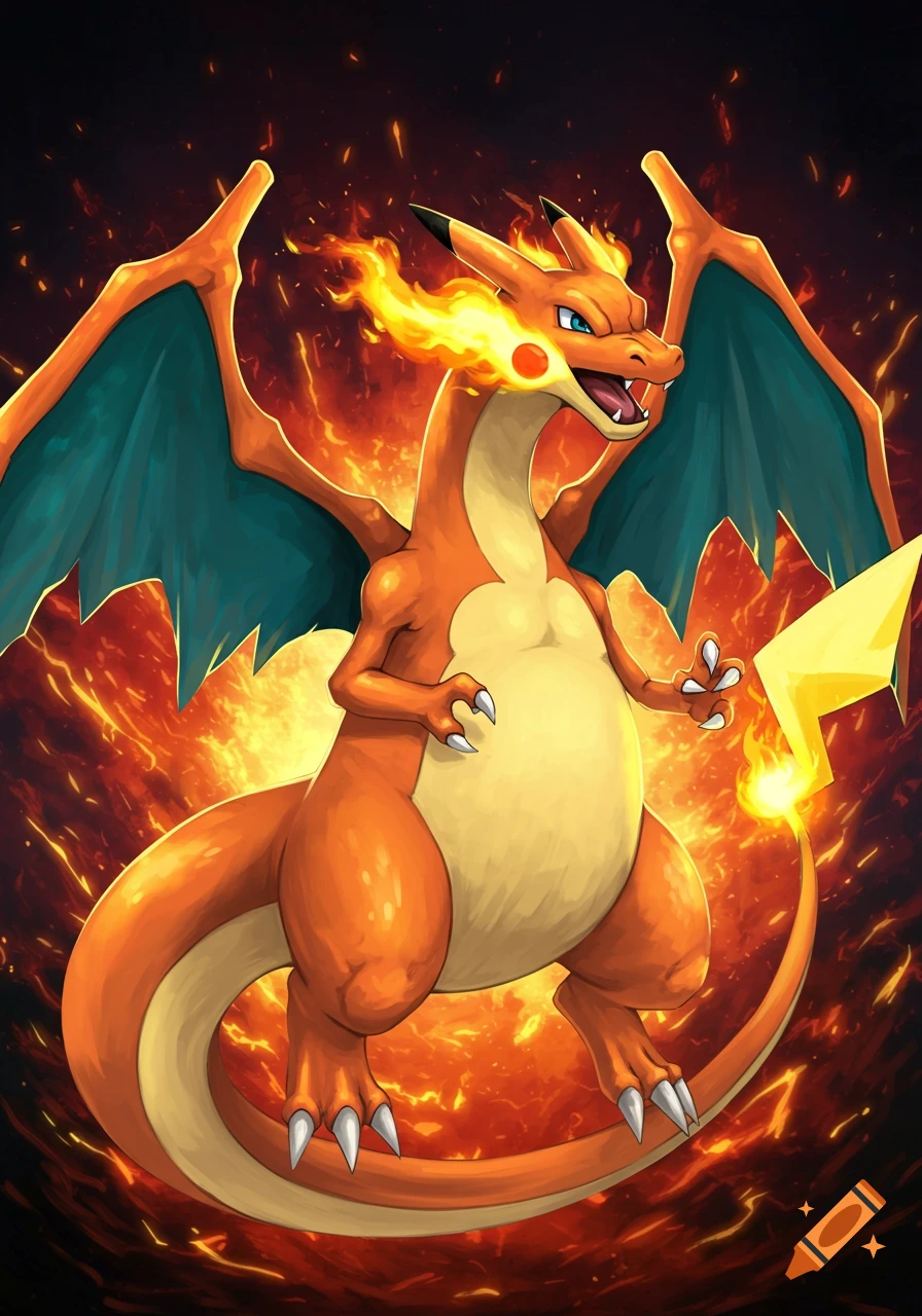 A creature that fuses Charizard and Pikachu stands in a fiery explosion ...