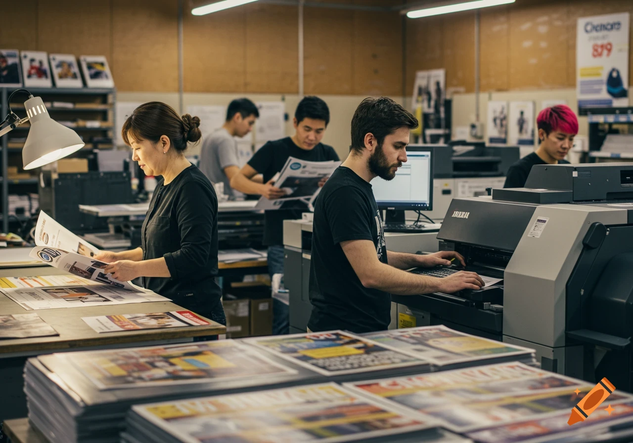 People work in a busy printing shop, using large printing machines and ...