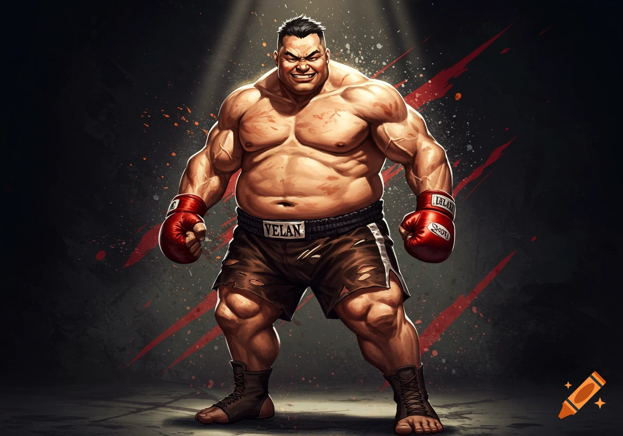 Illustration of a muscular, heavy-set boxer in red gloves standing in a ...