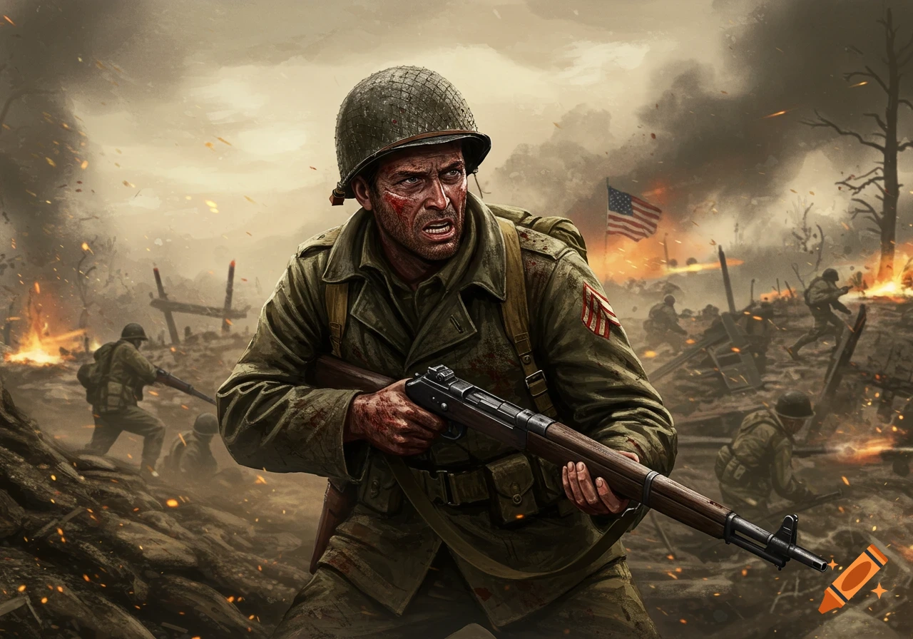 Determined soldier with rifle in a chaotic battle scene illustration on ...