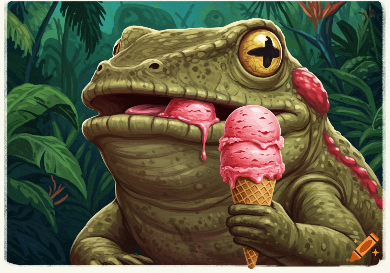 Cartoon illustration of a frog eating an ice cream cone in a jungle ...