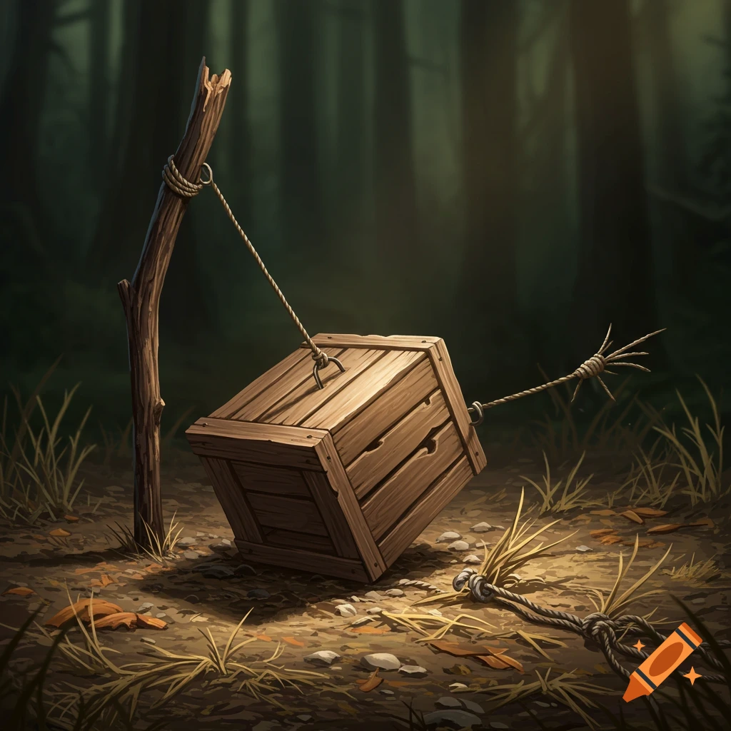 A wooden box trap is propped up by a stick, attached to a rope in a ...