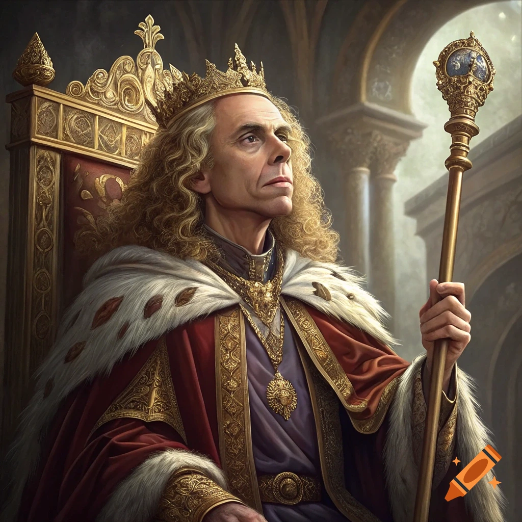 Portrait of a person resembling Ronnie James Dio dressed as a king ...